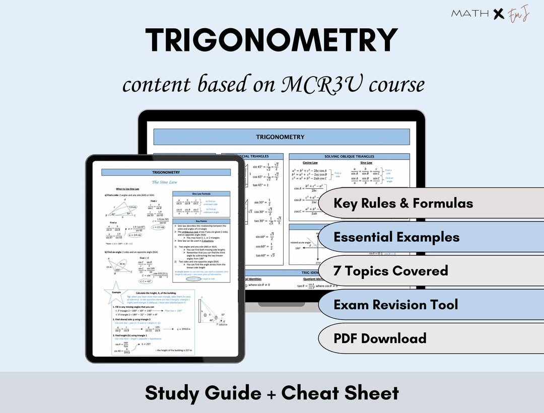 Trigonometry Study Guide & Cheat Sheet | MCR3U Function Study Aid ...