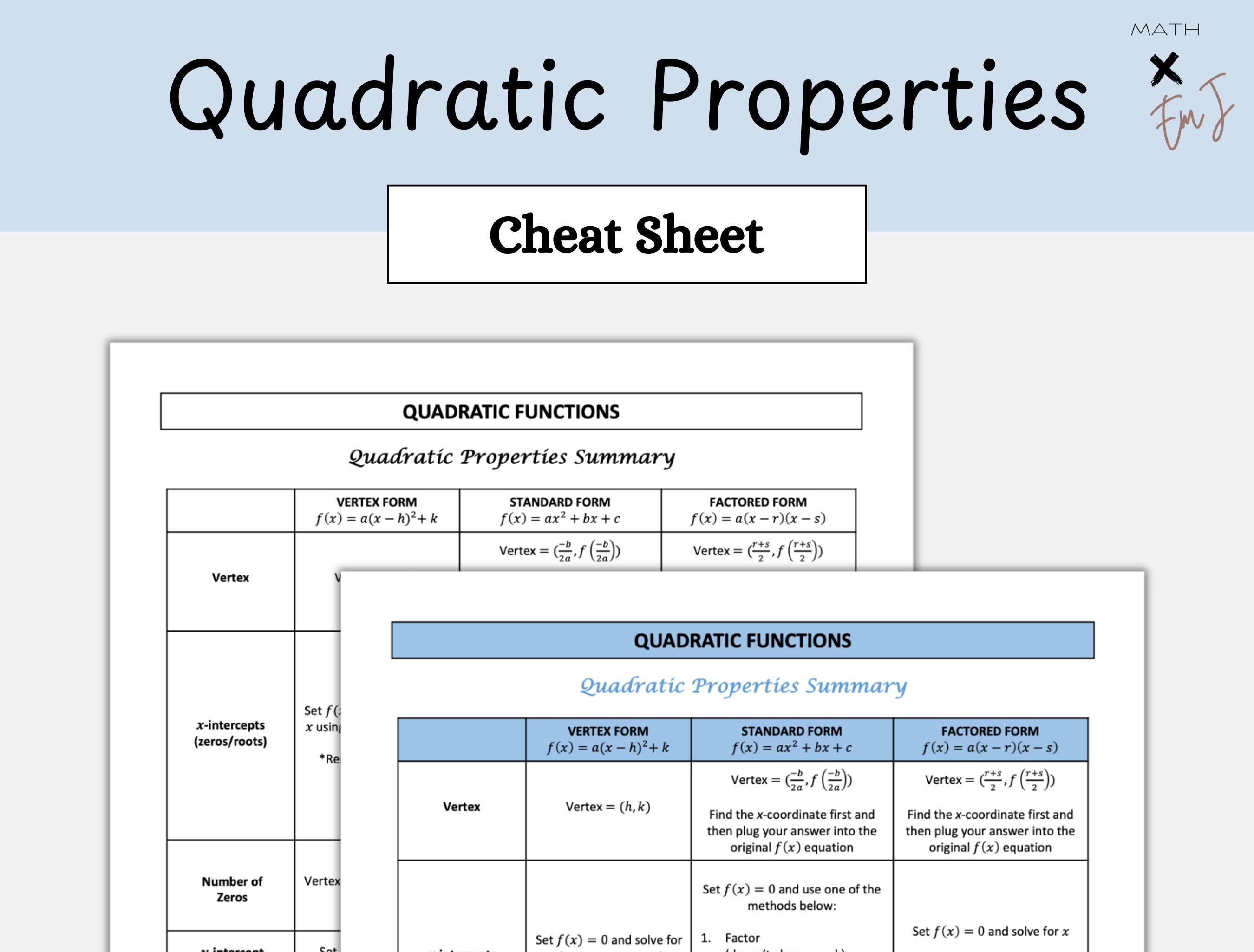 Quadratic Functions Cheat Sheet Properties Of Quadratic Functions Math