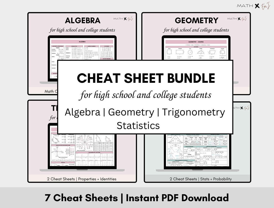 Math Cheat Sheets Algebra, Geometry, Trigonometry & Statistics High ...
