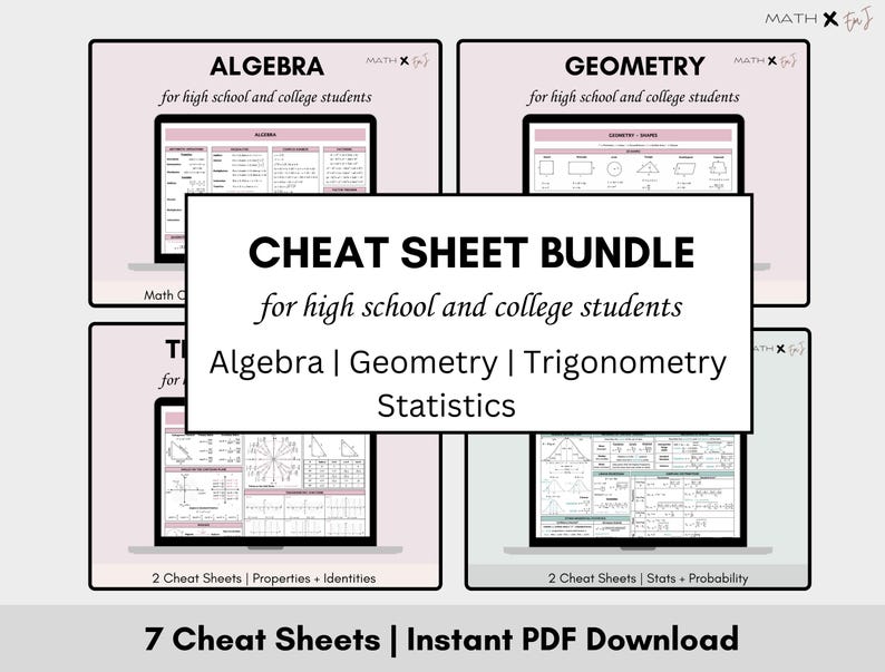 Math Cheat Sheets Algebra, Geometry, Trigonometry & Statistics High ...