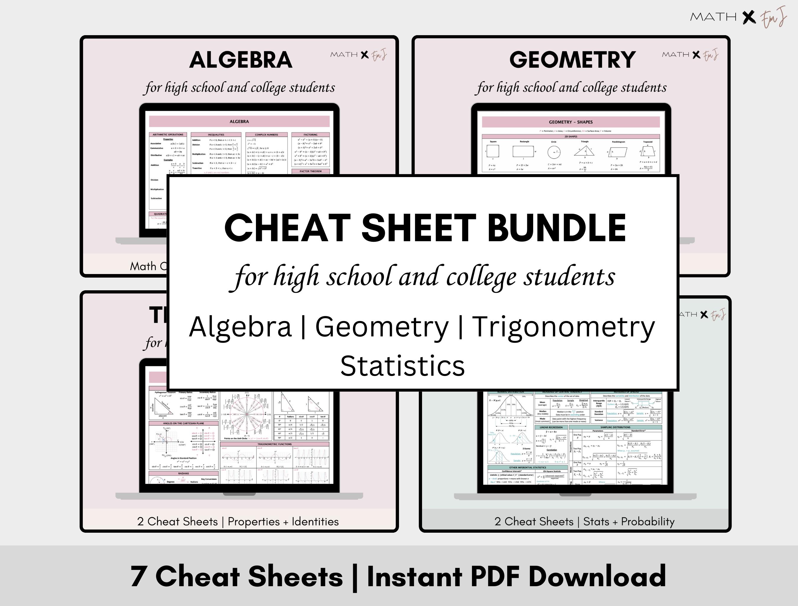 Math Cheat Sheets Algebra, Geometry, Trigonometry & Statistics High ...