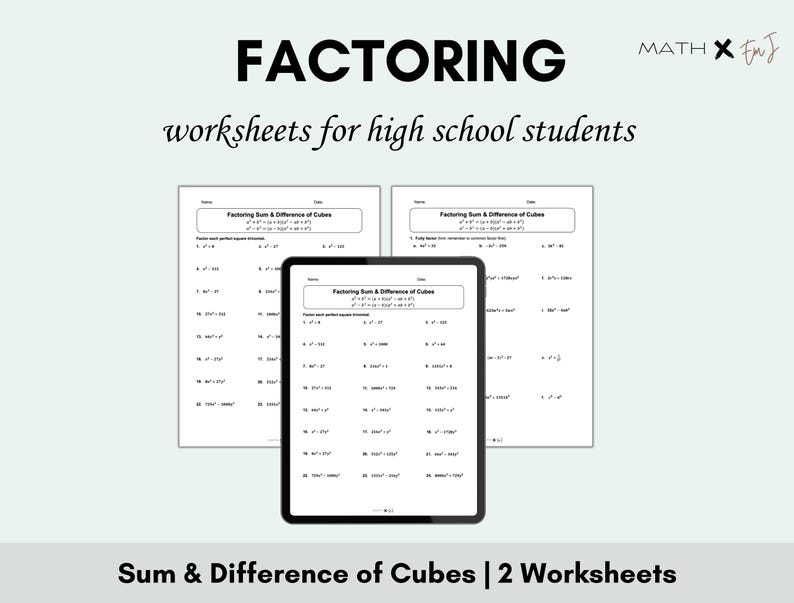 Factoring Sum & Difference of Cubes Worksheets Math High School Math ...