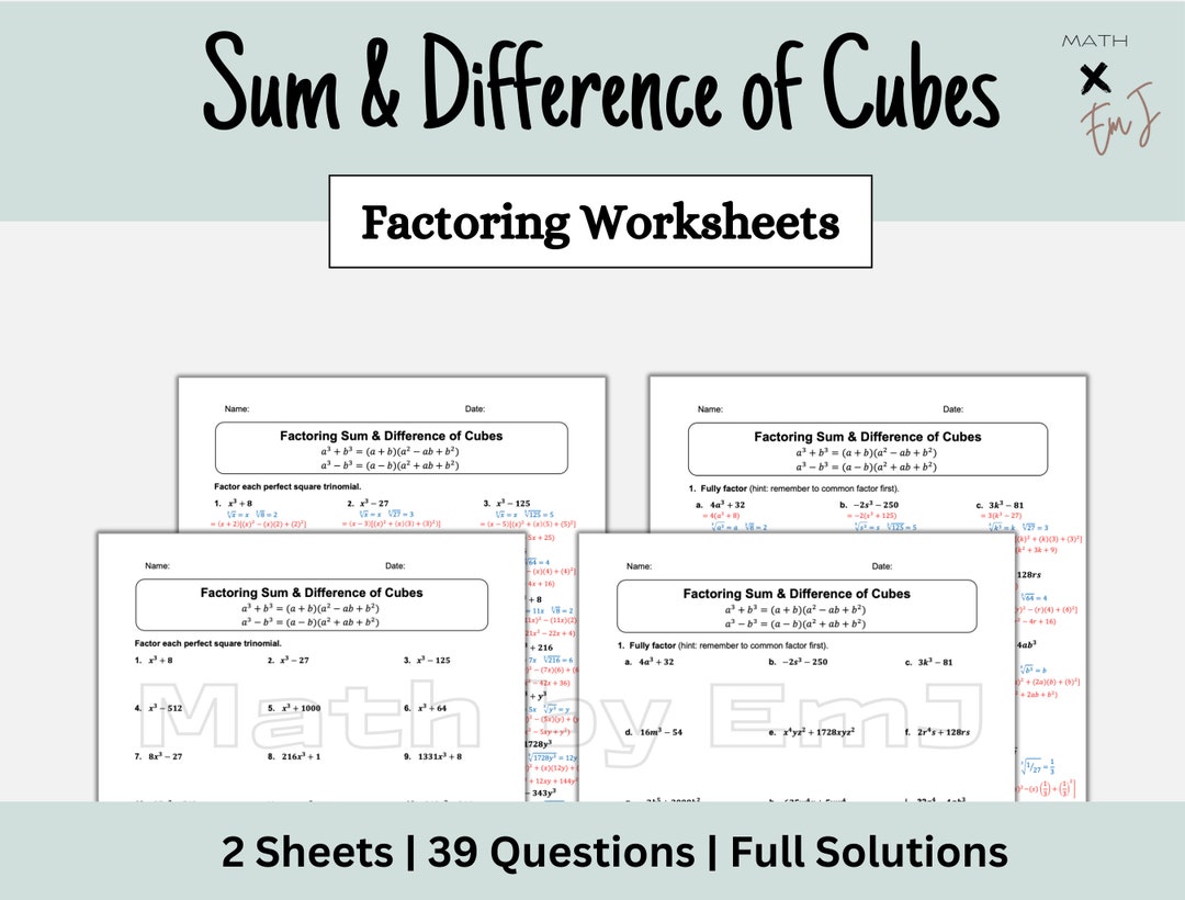 Sum & Difference of Cubes Factoring Worksheets 2 Sheets, 39 Questions ...