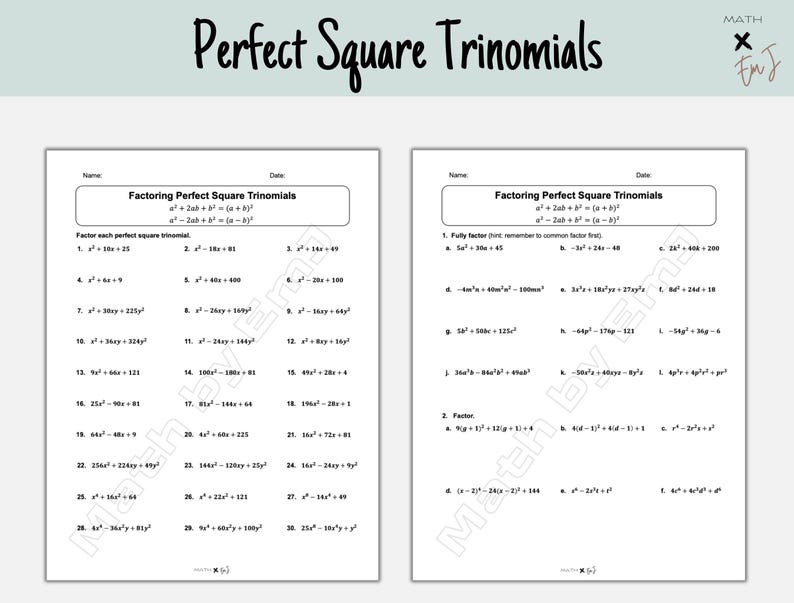 Factoring Worksheets Perfect Square Trinomials High School Math ...