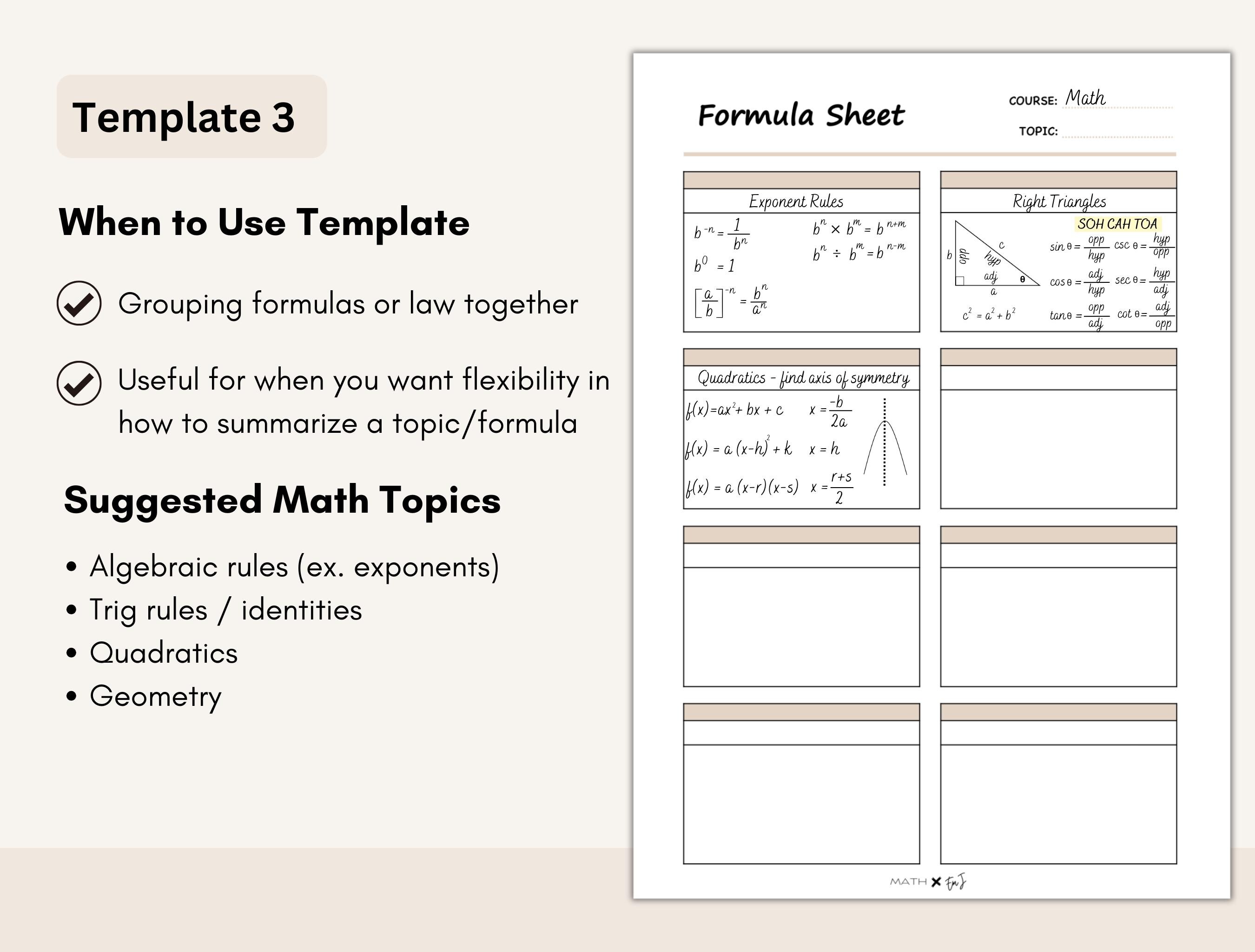 Math Formula Sheet Templates | Topic Summary Math Notes Reference Sheet ...