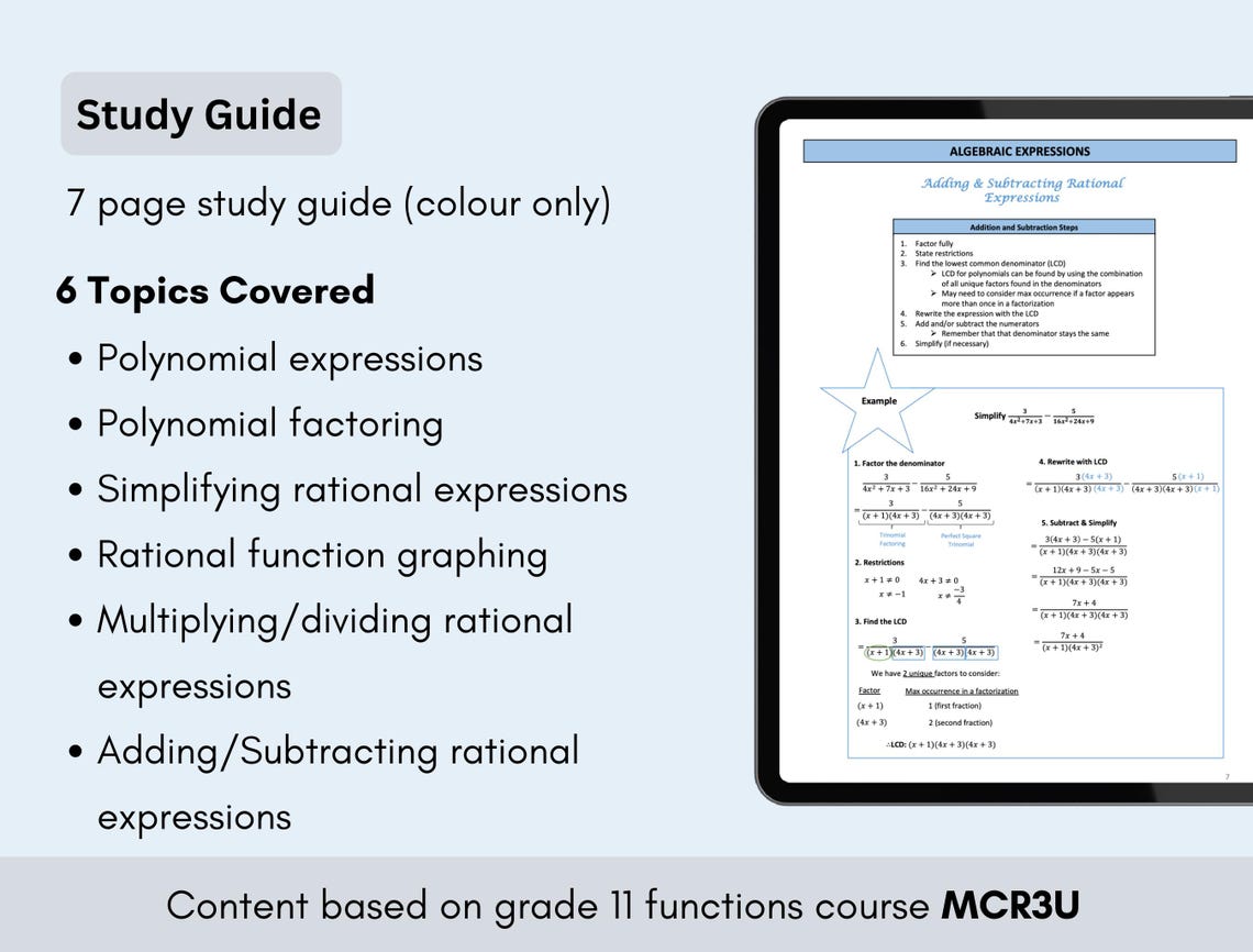 Algebraic Expressions Study Guide & Cheat Sheet | MCR3U Math Study Aid ...