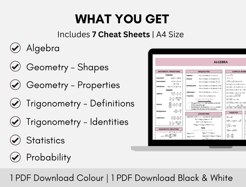 Math Cheat Sheets Algebra, Geometry, Trigonometry & Statistics High ...