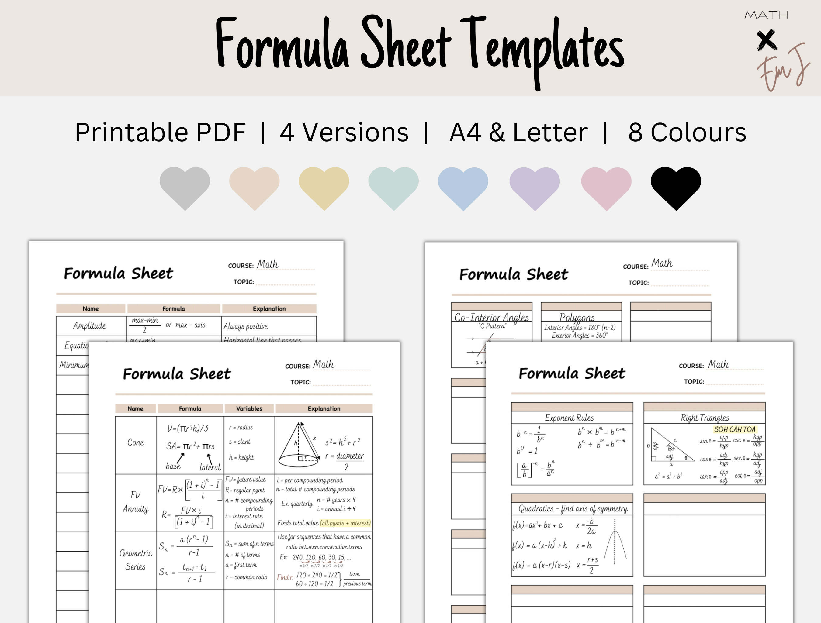 Printable Formula Sheet Templates 4 Versions Student Planners High ...