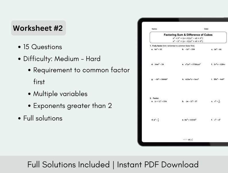 Factoring Sum & Difference of Cubes Worksheets Math High School Math ...