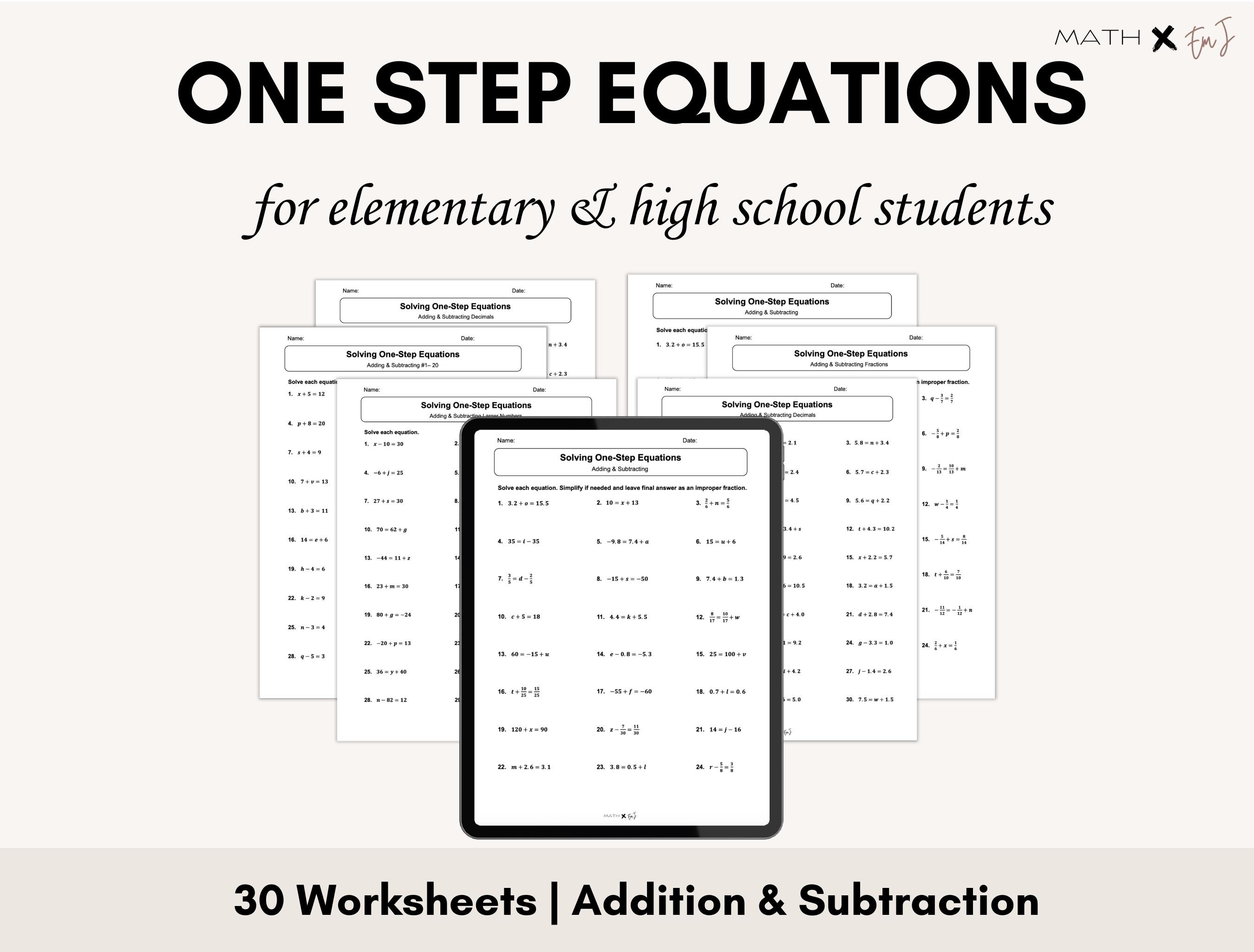 One-step Equation Worksheets Algebra Math Worksheets Addition ...