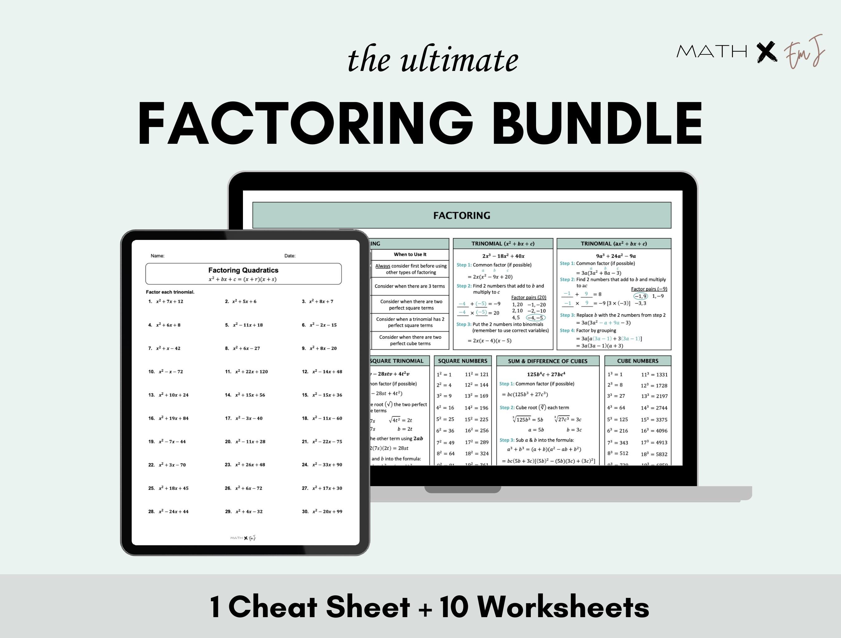 Factoring Worksheets & Cheat Sheet Printable Algebra Worksheets Math ...