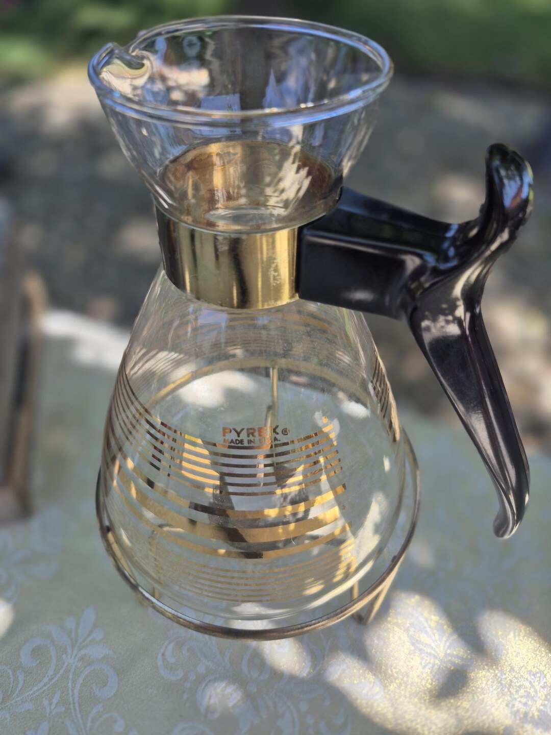 Vintage MCM Pyrex Coffee Carafe, Stand, Candle, Gold Stripe Glass - Etsy