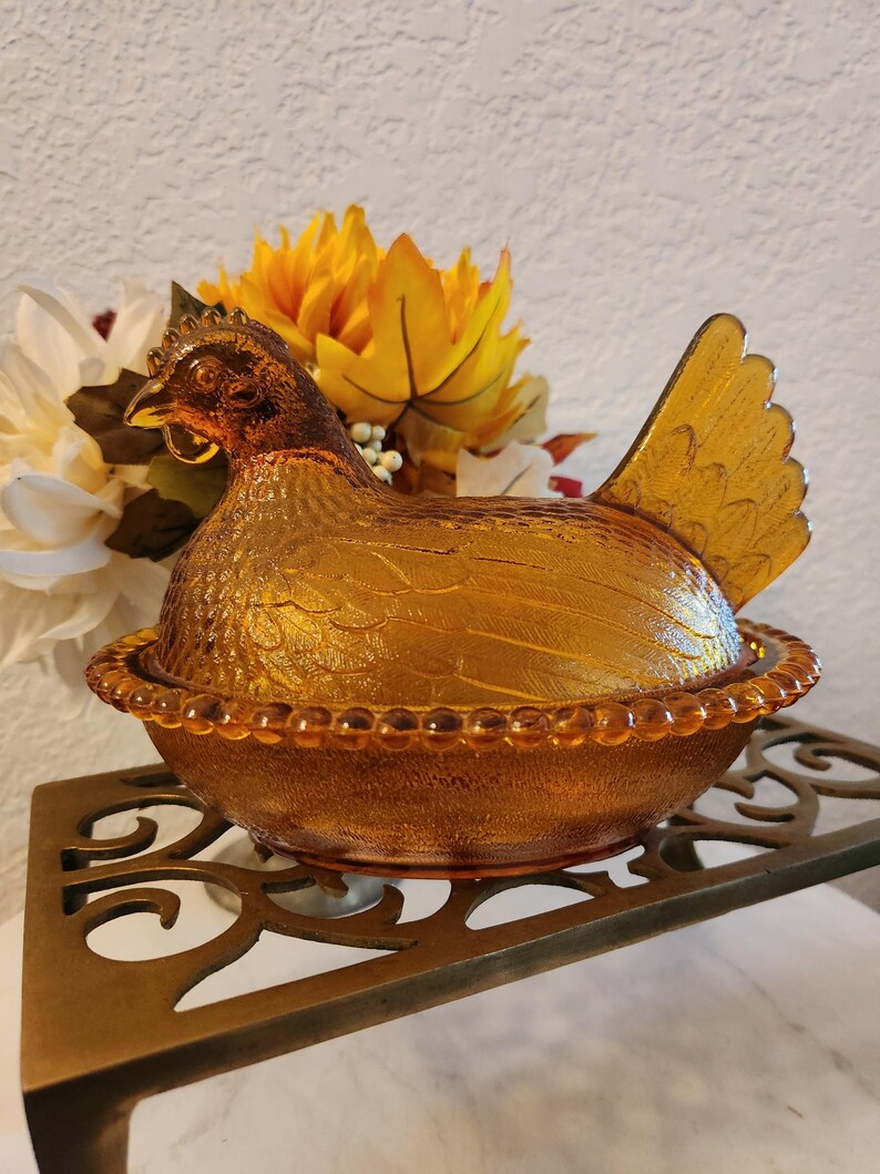Indiana Glass Company Hen on Nest Hob Nail Base, Amber, Orange, Glass ...