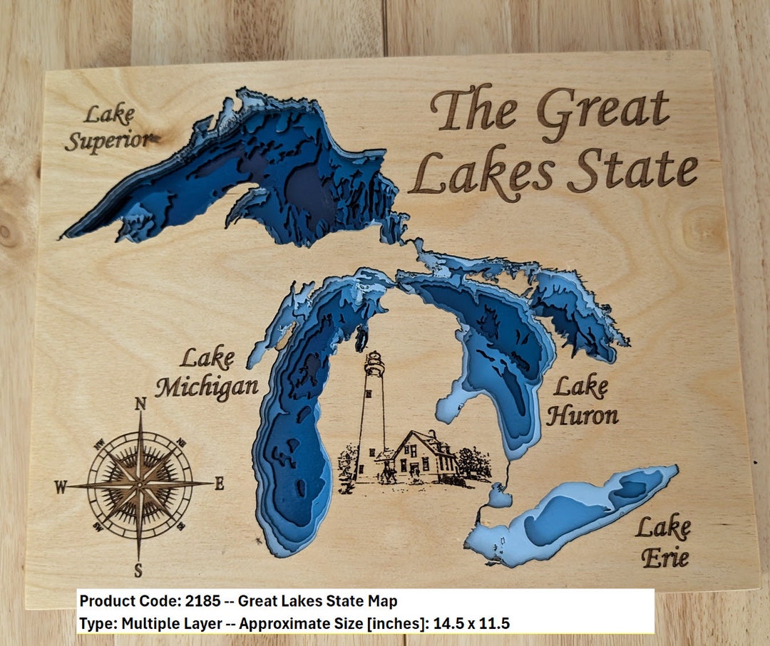 Great Lakes State Map - Multiple Layer Laser Cut -- Size: 14.5 X 11.5 ...