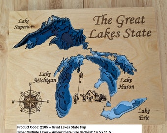 Michigan Great Lakes Map - Multiple Layer Laser Cut -- Size: 13.5 X 10. ...