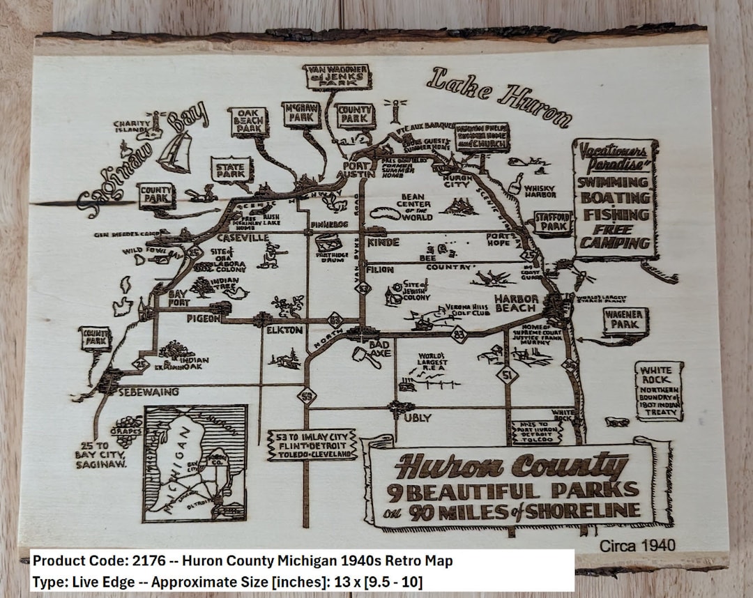 Huron County Michigan 1940s Retro Map - Live Edge Laser Cut -- Size: 13 ...