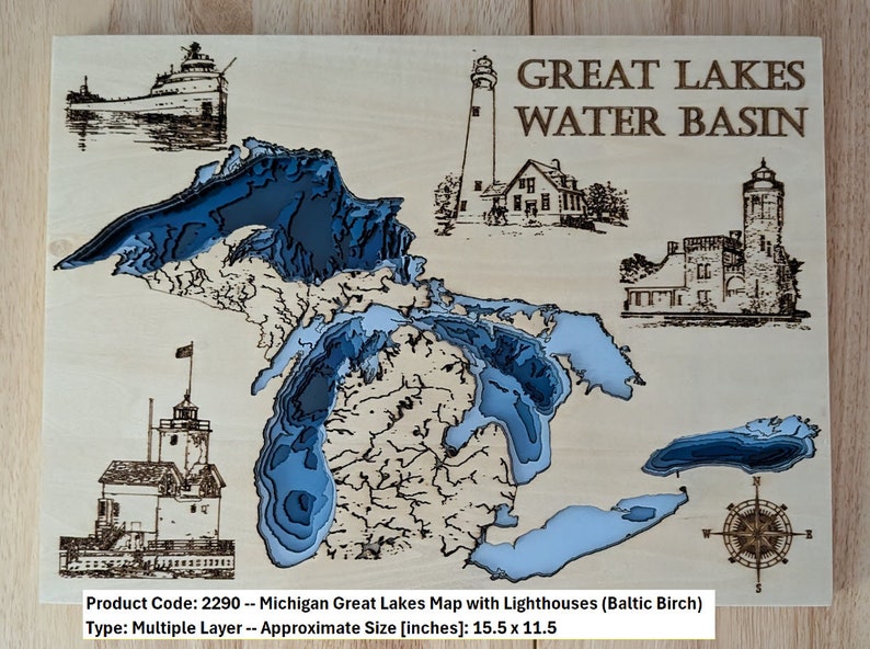 Michigan Great Lakes Map With Lighthouses baltic Birch Multiple Layer ...