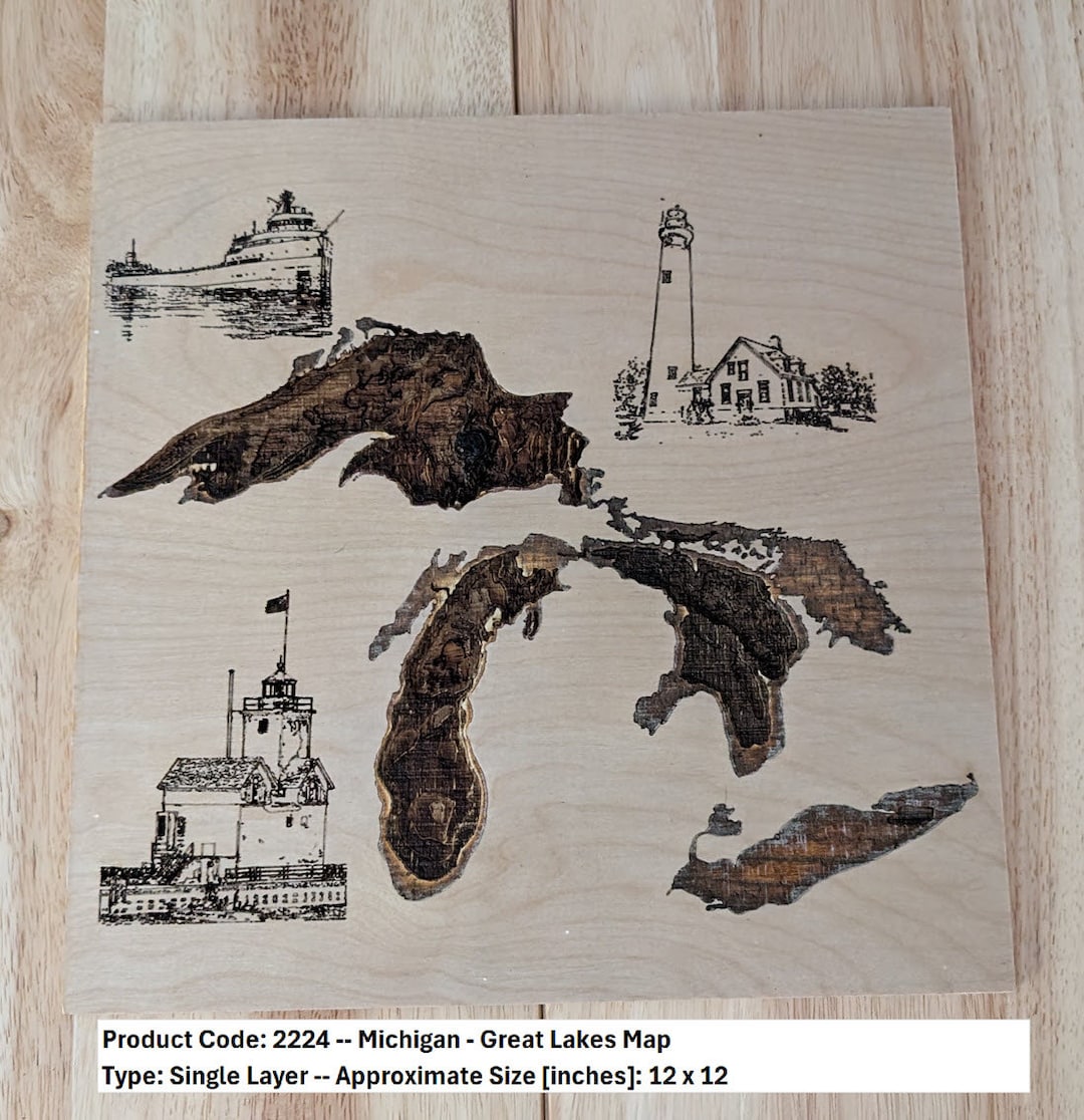 Michigan - Great Lakes Map - Single Layer Laser Cut -- Size: 12 X 12 ...