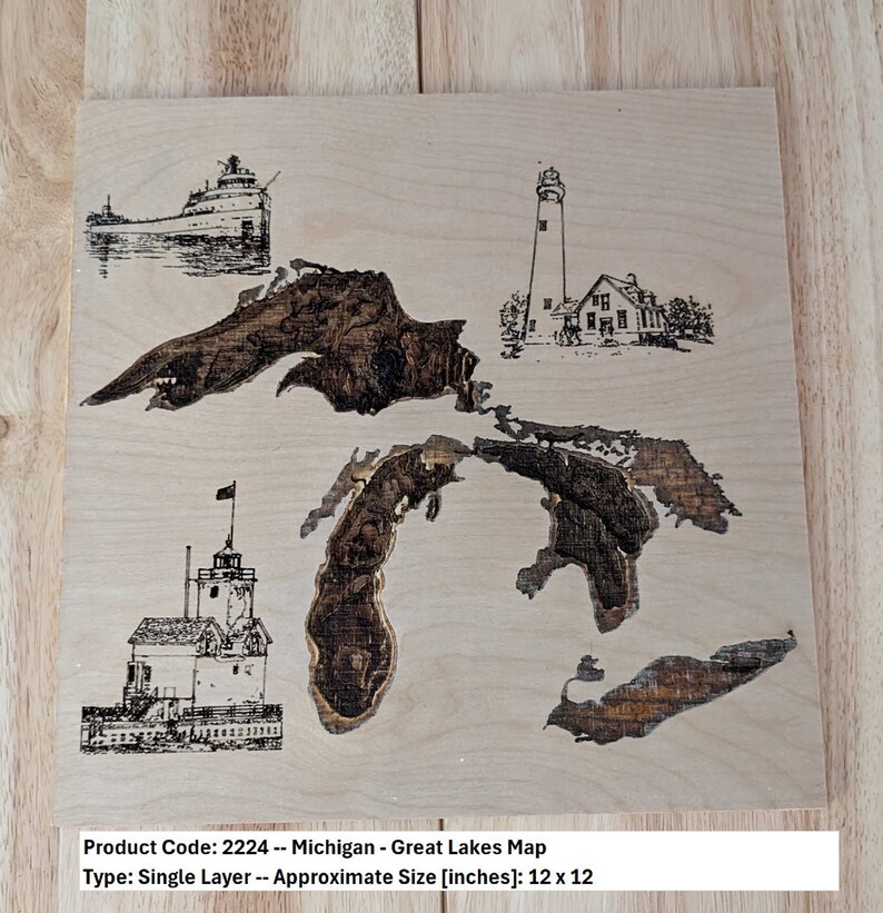 Michigan - Great Lakes Map - Single Layer Laser Cut -- Size: 12 X 12 ...