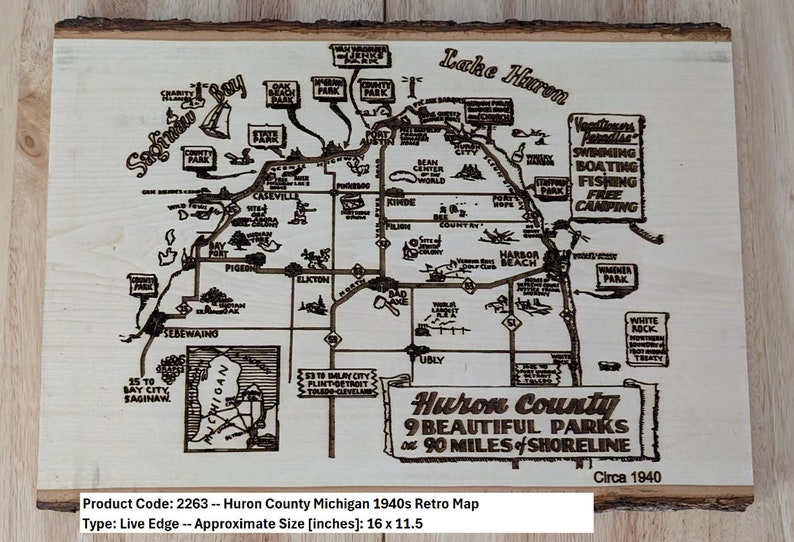 Huron County Michigan 1940s Retro Map - Live Edge Laser Cut -- Size: 16 ...