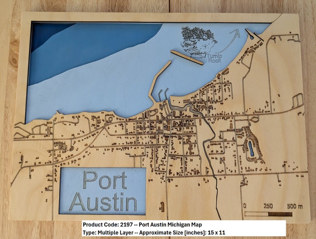 Port Austin Michigan Map - Multiple Layer Laser Cut -- Size: 15 X 11 ...