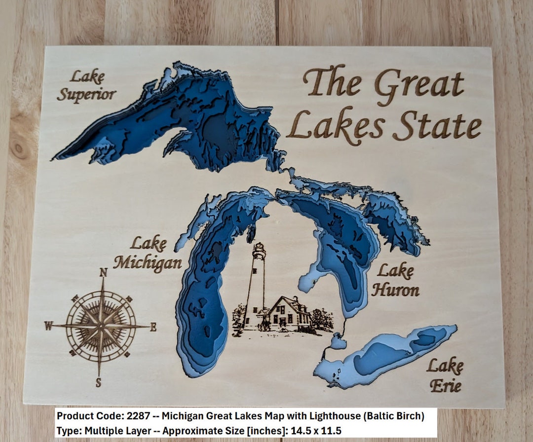Michigan Great Lakes Map With Lighthouse (baltic Birch) - Multiple ...