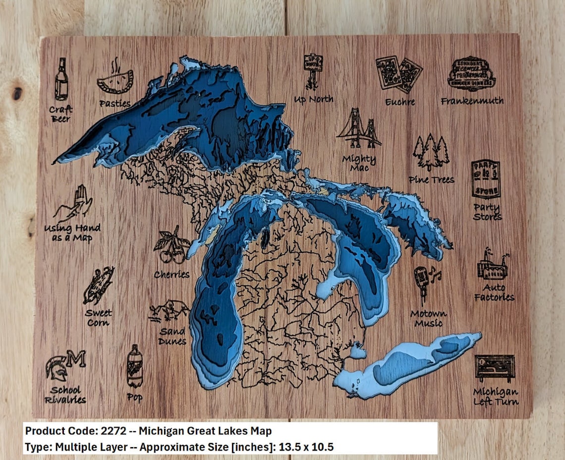 Michigan Great Lakes Map - Multiple Layer Laser Cut -- Size: 13.5 X 10. ...