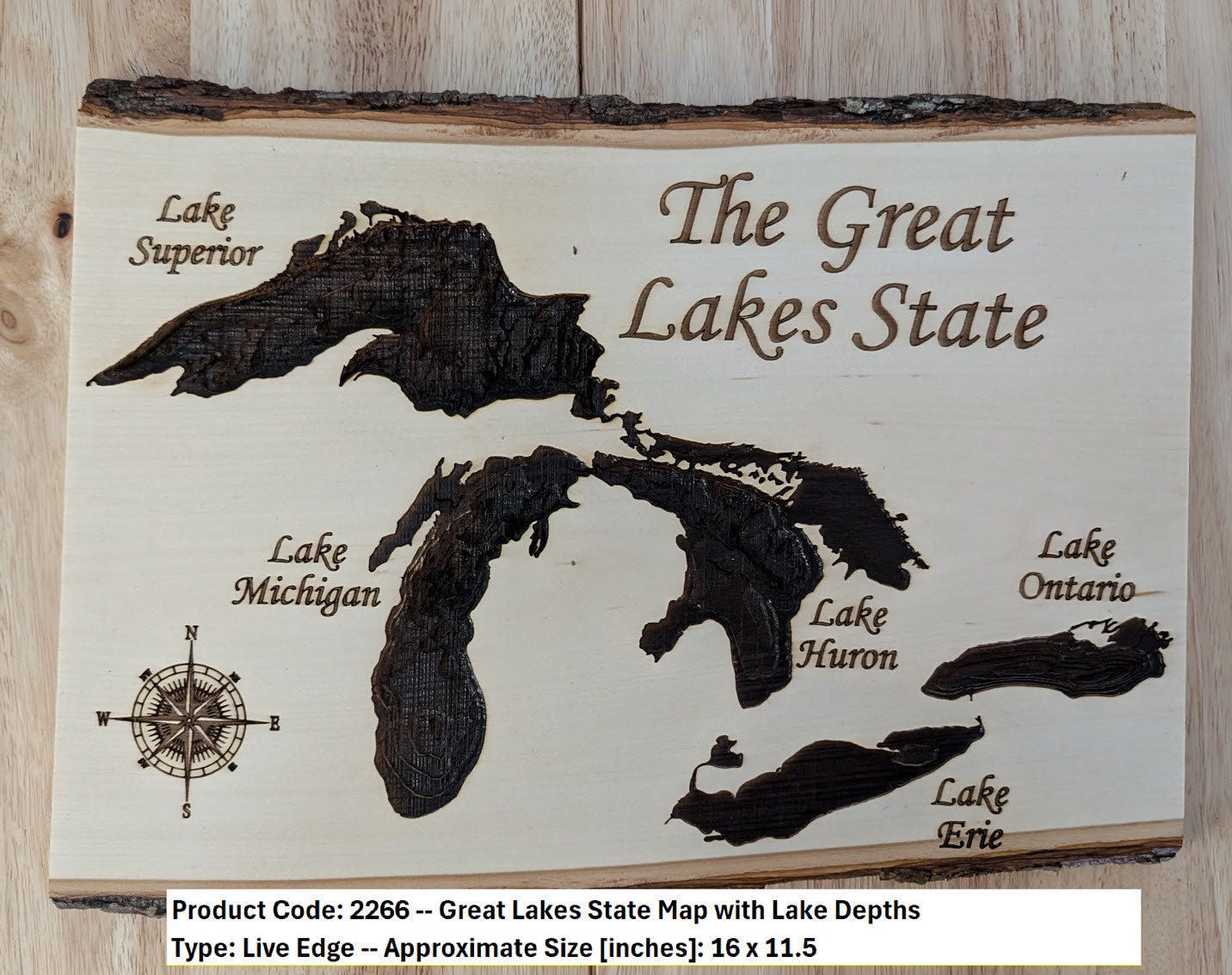 Great Lakes State Map With Lake Depths - Live Edge Laser Cut -- Size ...