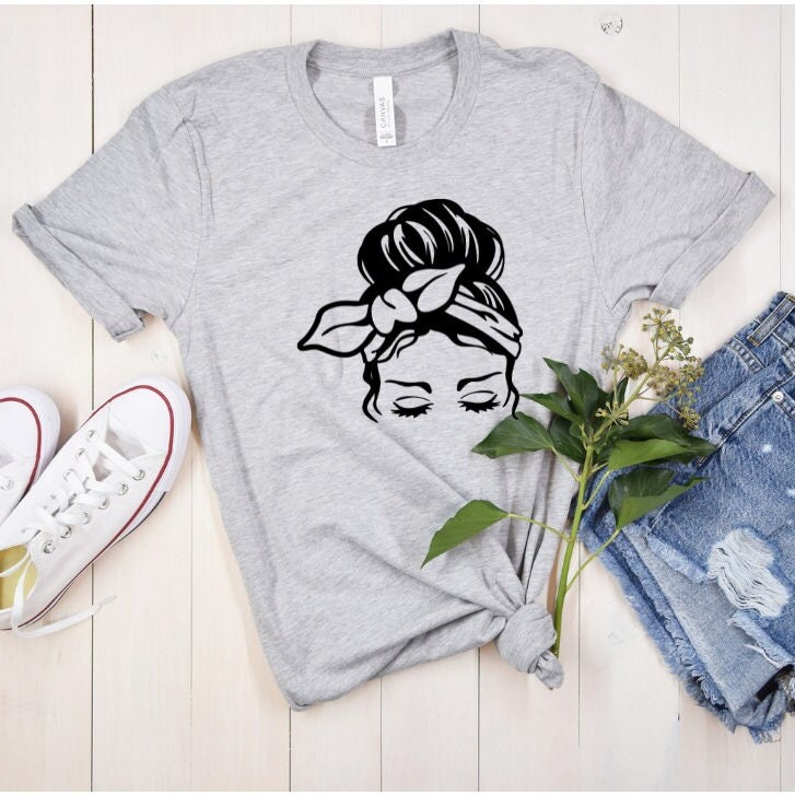Woman in Messy Bun Sweatshirts and T-shirts, Messy Bun Hair Girl ...