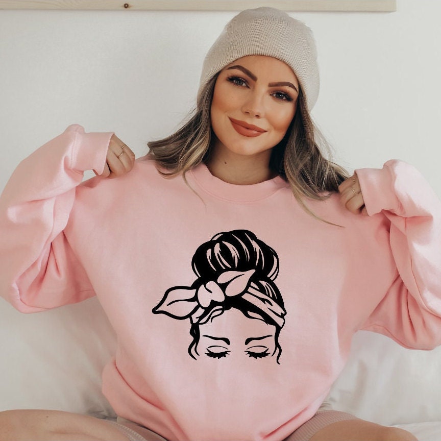 Woman in Messy Bun Sweatshirts and T-shirts, Messy Bun Hair Girl ...