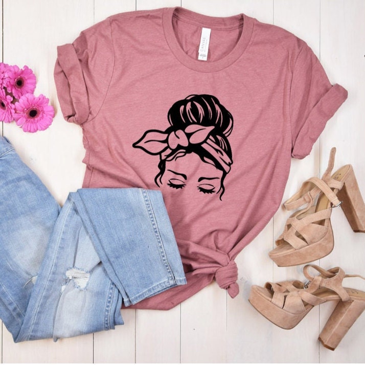 Woman in Messy Bun Sweatshirts and T-shirts, Messy Bun Hair Girl ...