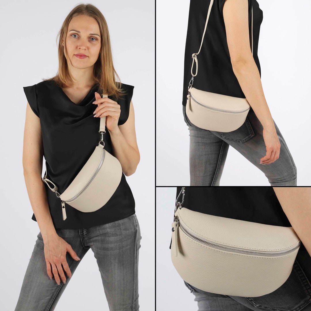 Beige L Fanny Pack for Women With Patterned Strap Leather Crossbody ...