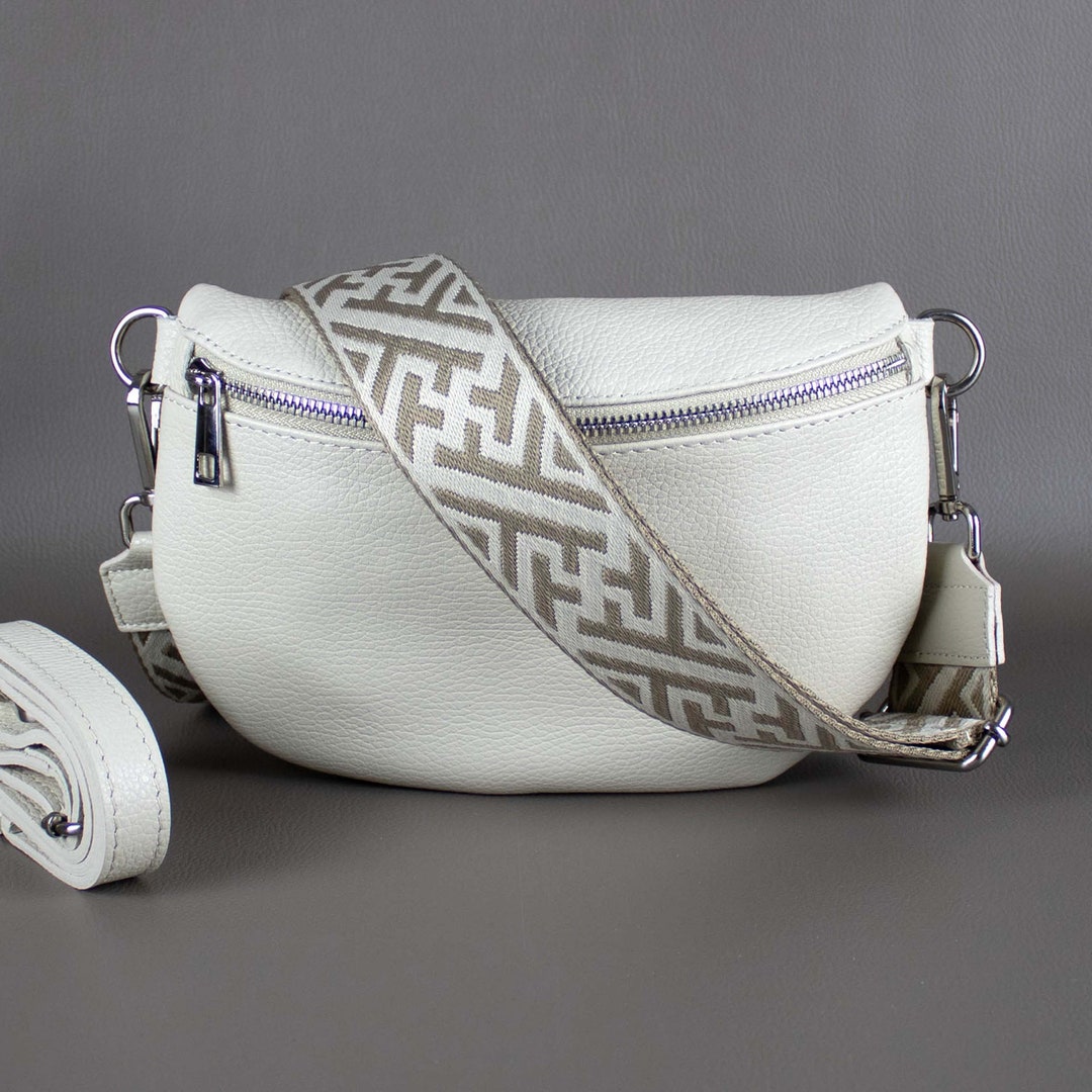 Beige Fanny Pack for Women With Patterned Strap Leather Crossbody ...
