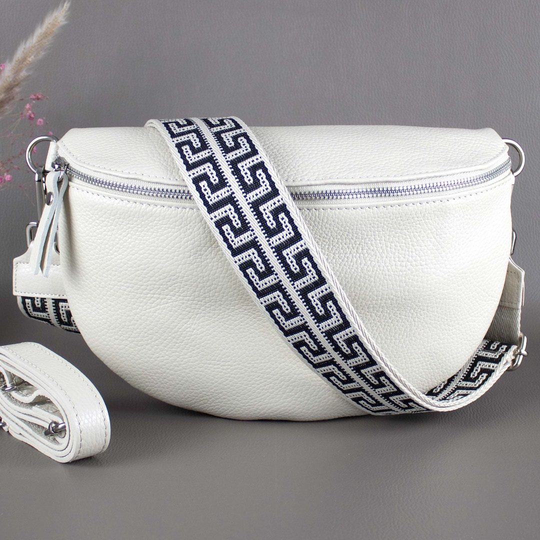 Beige L Fanny Pack for Women With Patterned Strap Leather Crossbody ...