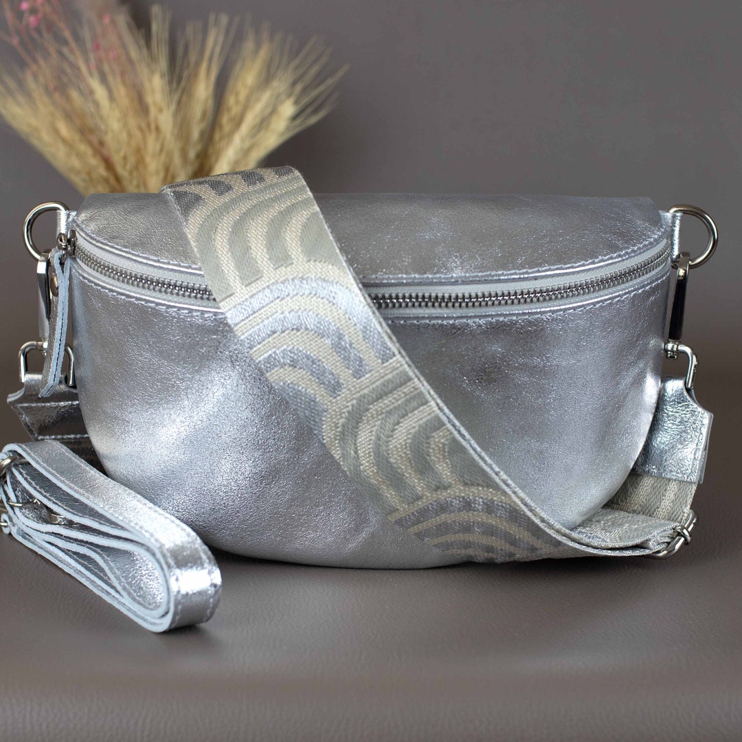 Silver Fanny Pack for Women With Patterned Strap Leather Crossbody ...