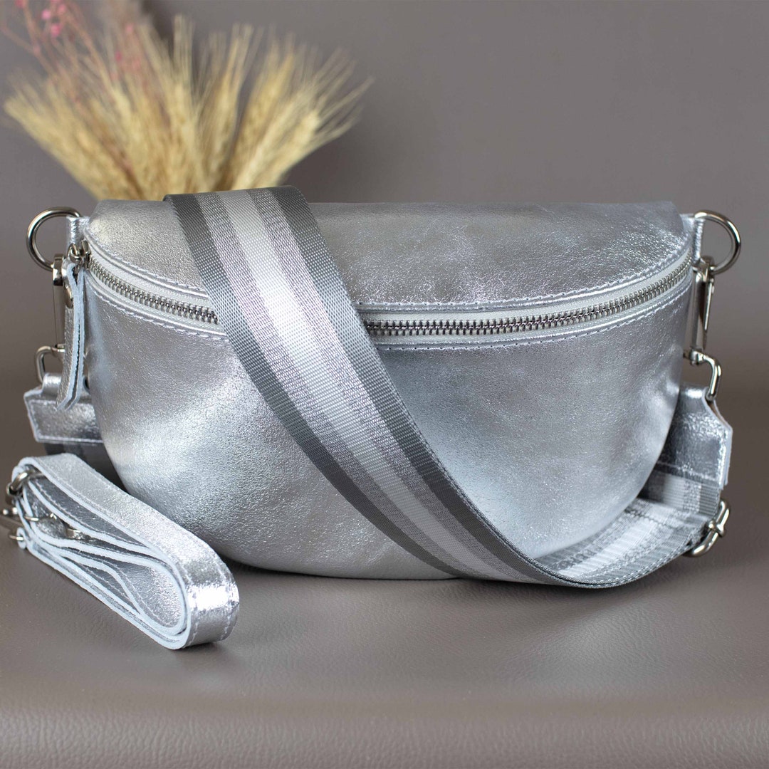 Silver Fanny Pack for Women With Patterned Strap Leather Crossbody ...