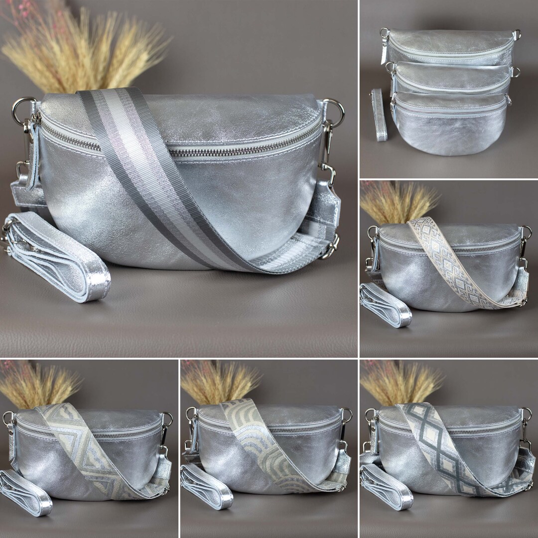 Silver Fanny Pack for Women With Patterned Strap Leather Crossbody ...