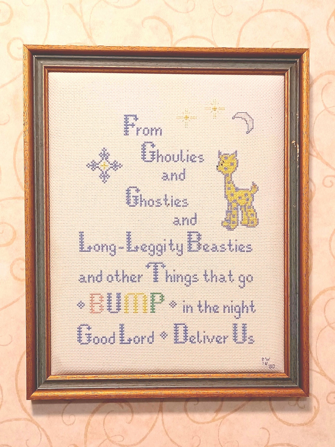 Vintage Framed Cross Stitch: Nursery Rhyme, "bump in the Night" (13"x16 ...