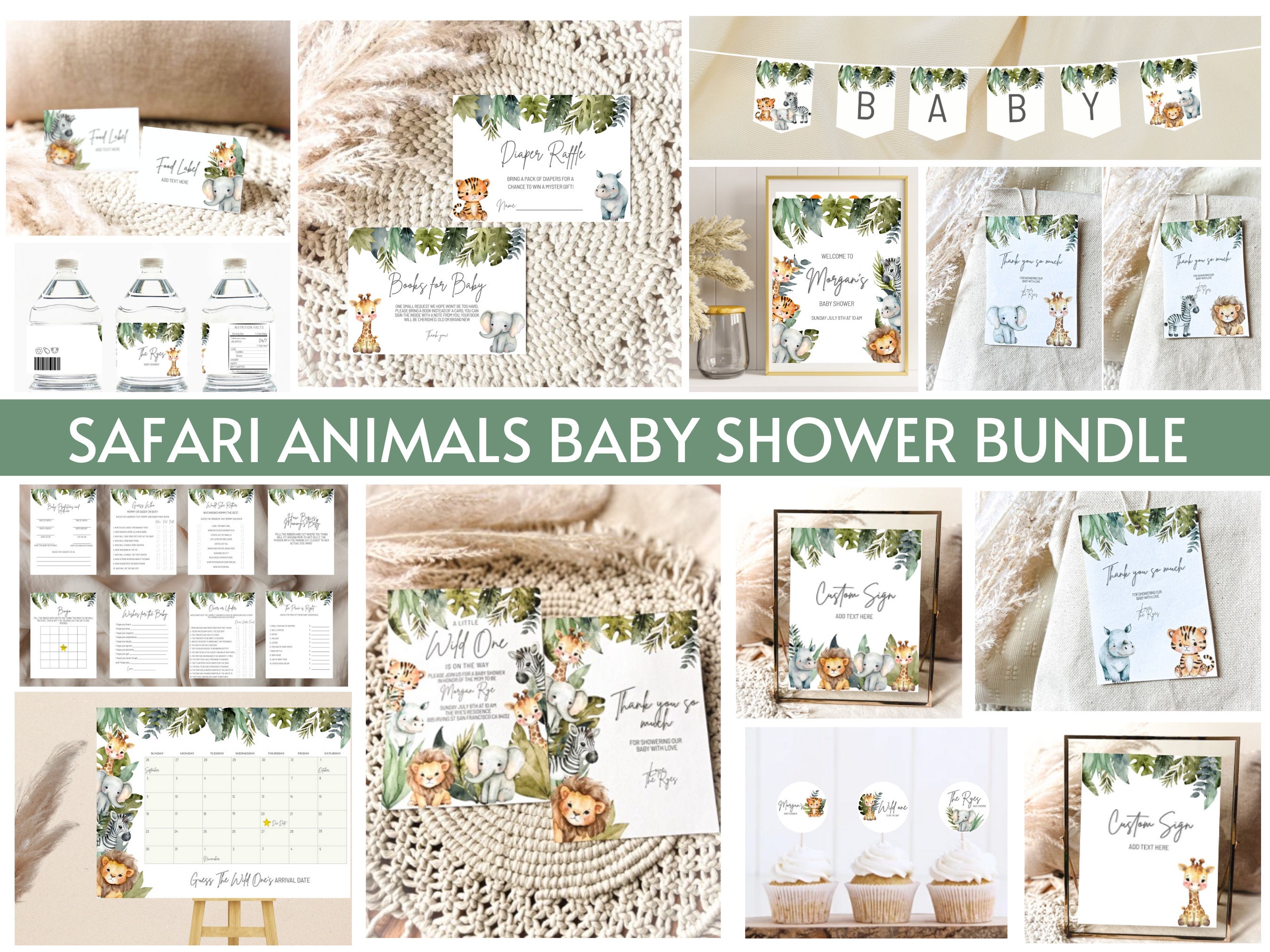 Safari Animals Baby Shower Bundle, Editable Safari Animals Baby Shower ...