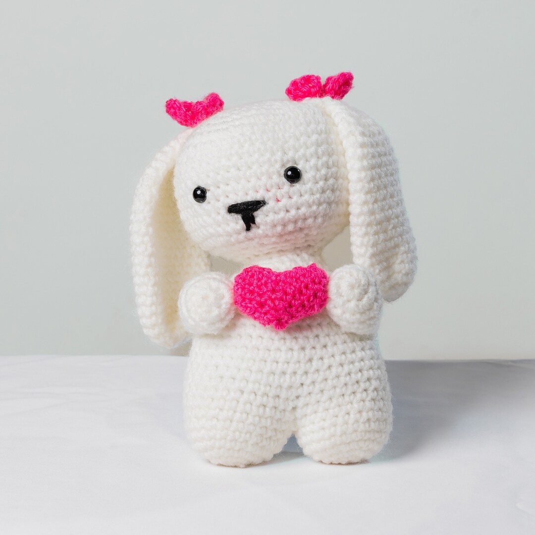 Cute Fluffy Crochet Bunny Holding Heart Toy Stuffed Animal Children's ...