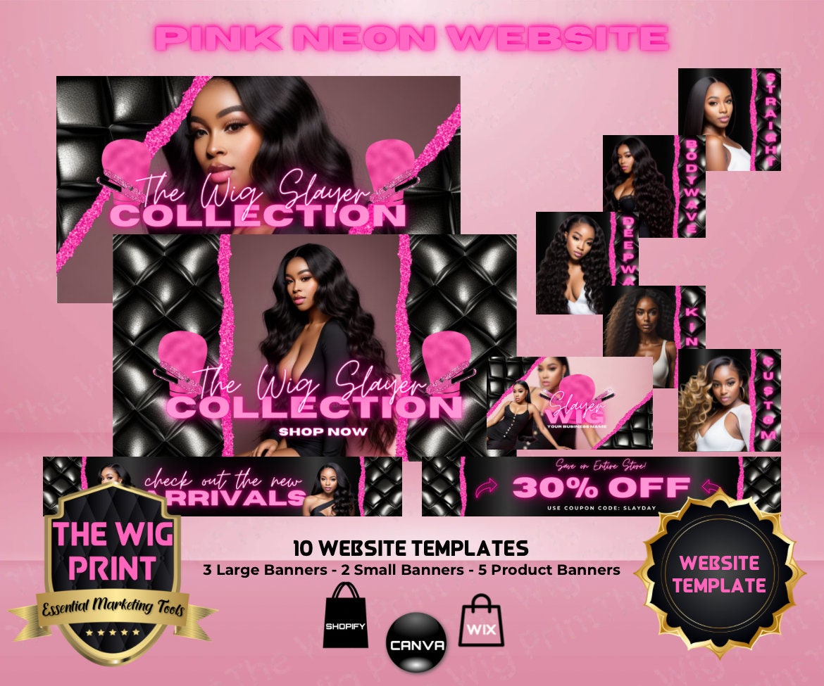 Pink Neon Tufted Website Template 10 Banners Hair Wig Industry Pink DIY ...