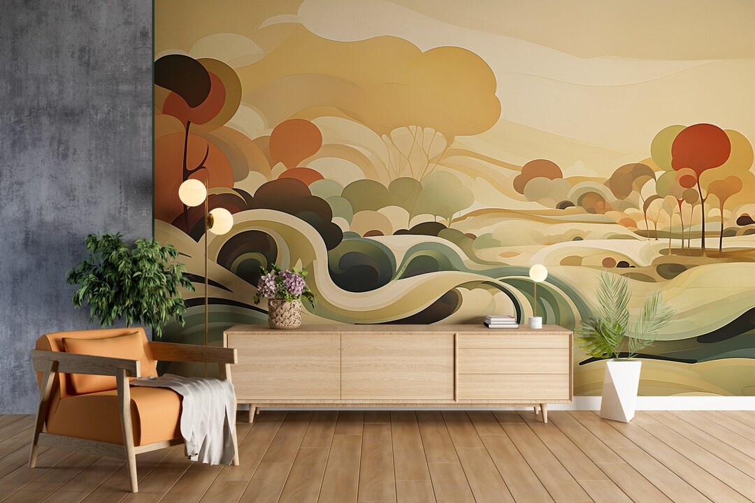 Abstract Forest Mural Wavy Wallpaper Peel and Stick Beige - Etsy