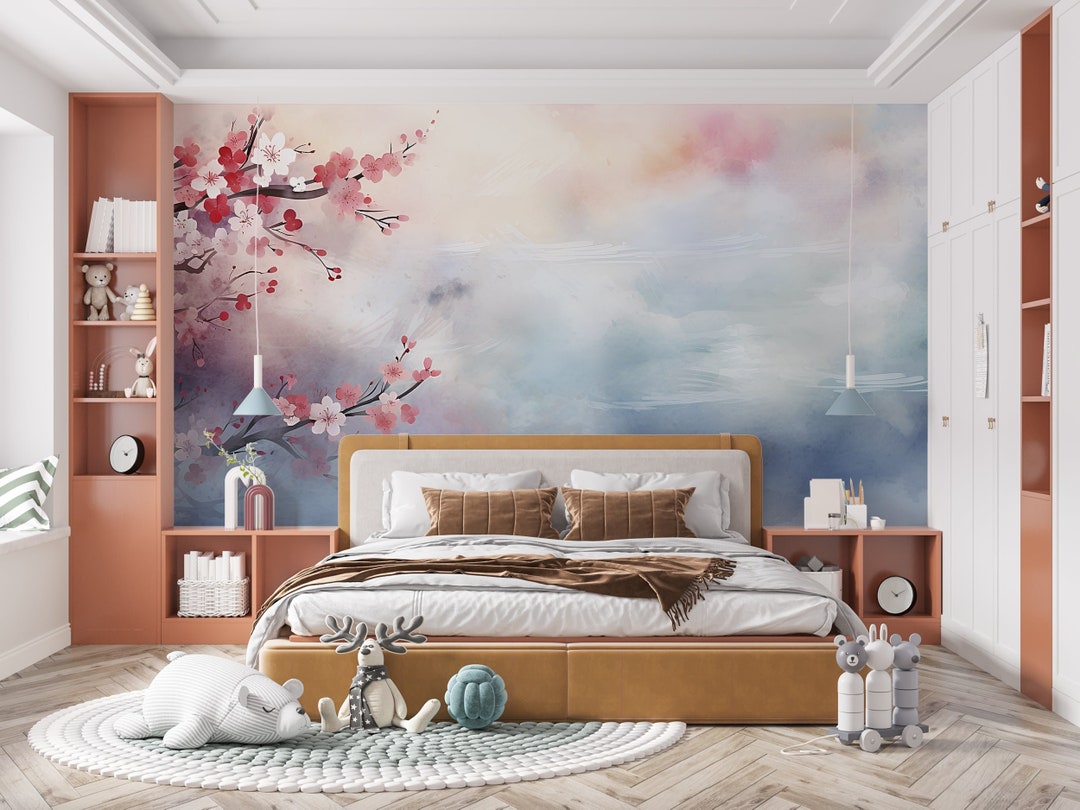Sakura Blossom Mural Japanese Wallpaper Pink Plants Peel and - Etsy