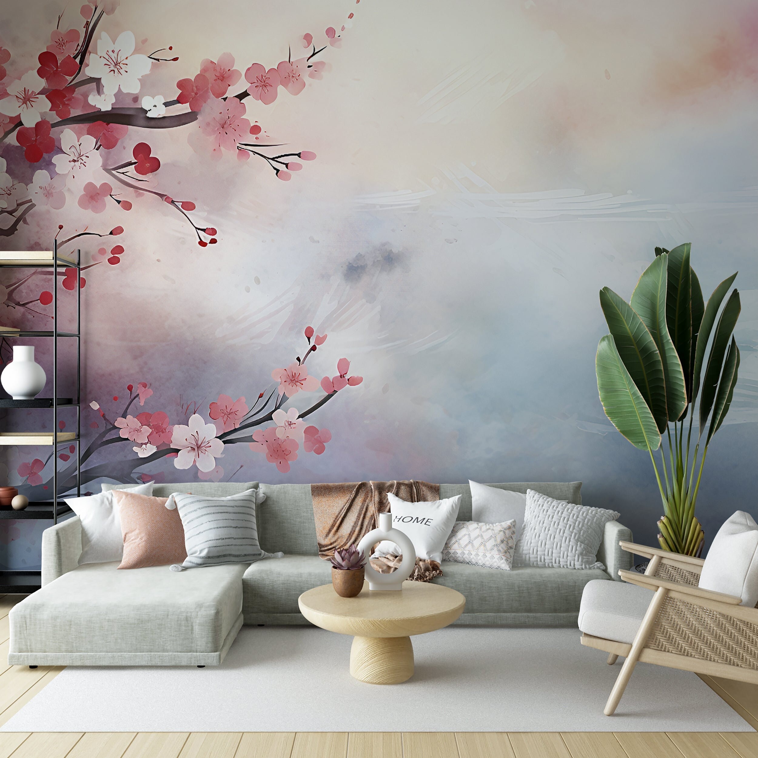 Sakura Blossom Mural Japanese Wallpaper Pink Plants Peel and - Etsy