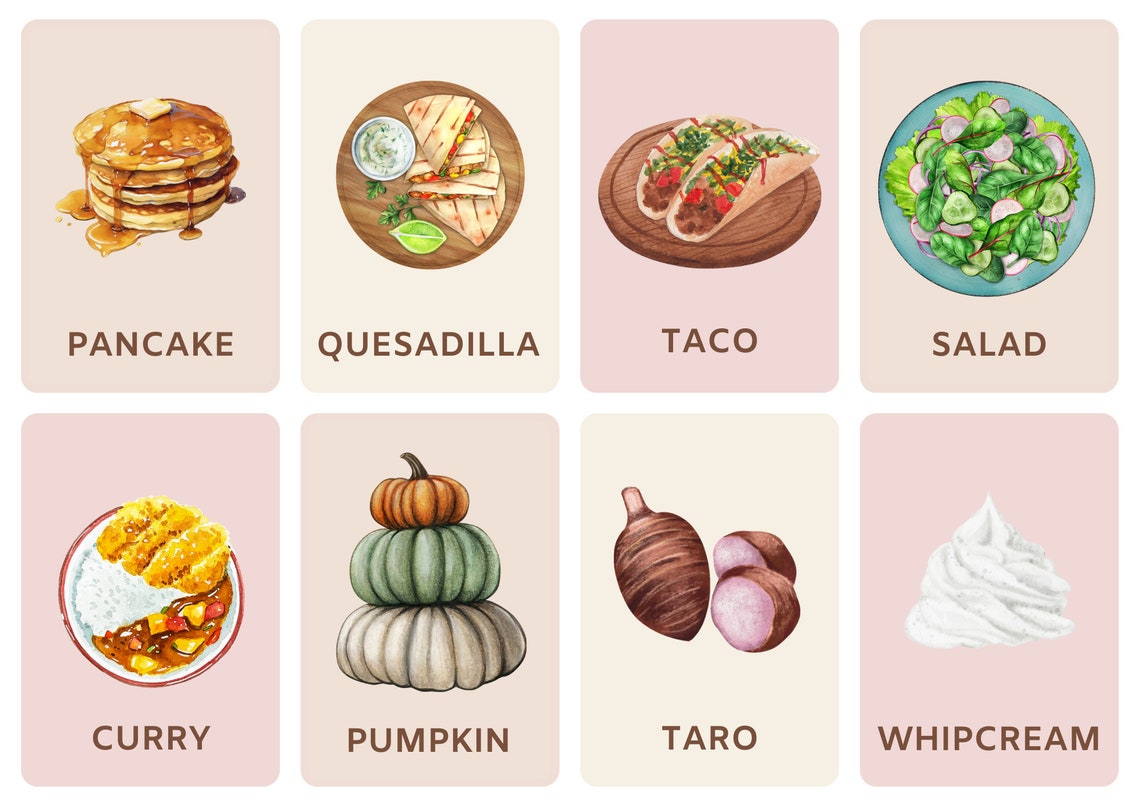 96 Watercolor Food and Snack Flashcards | Montessori Flashcards ...