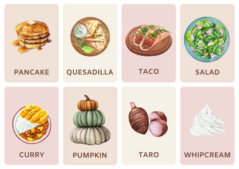 96 Watercolor Food and Snack Flashcards | Montessori Flashcards ...