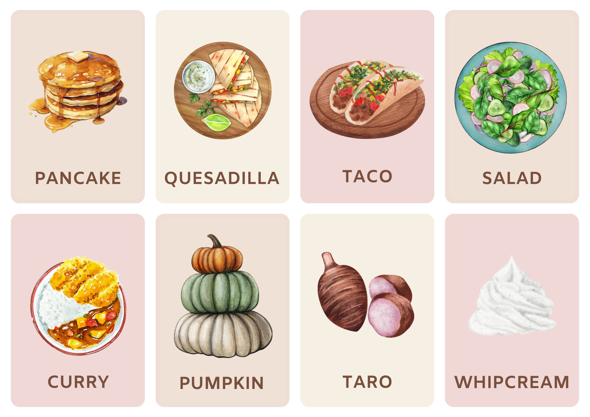 96 Watercolor Food and Snack Flashcards | Montessori Flashcards ...