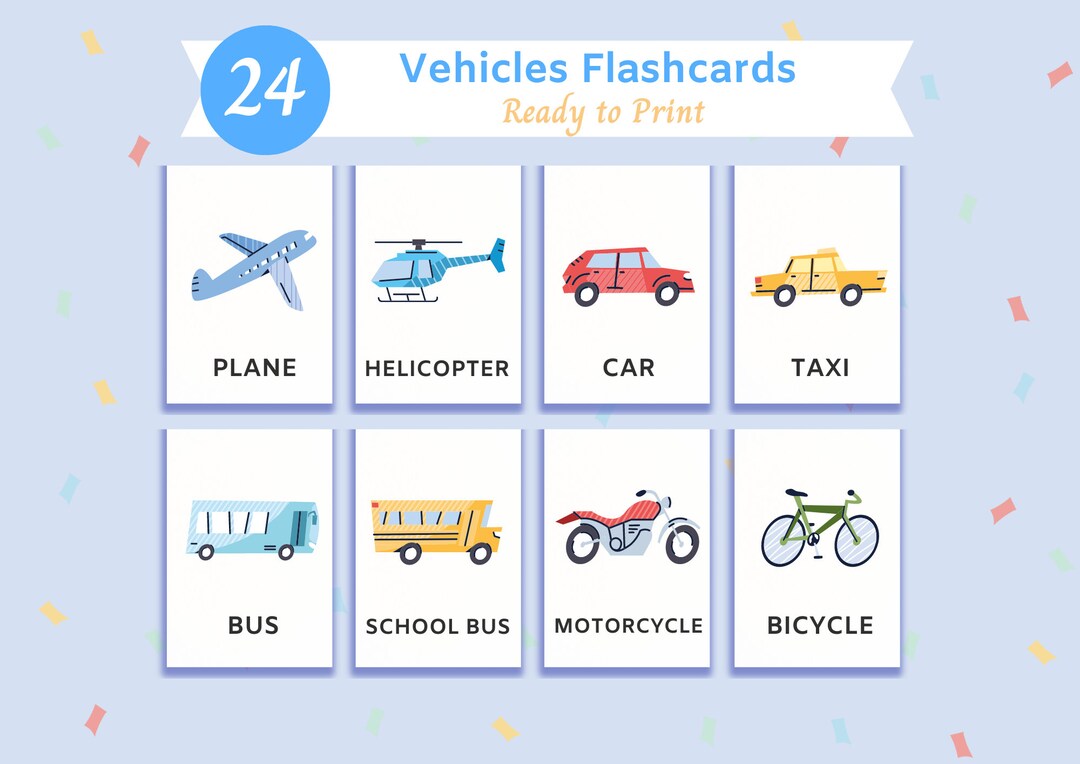 24 Vehicles Flashcards Montessori Flashcards Pre-school Cards ...