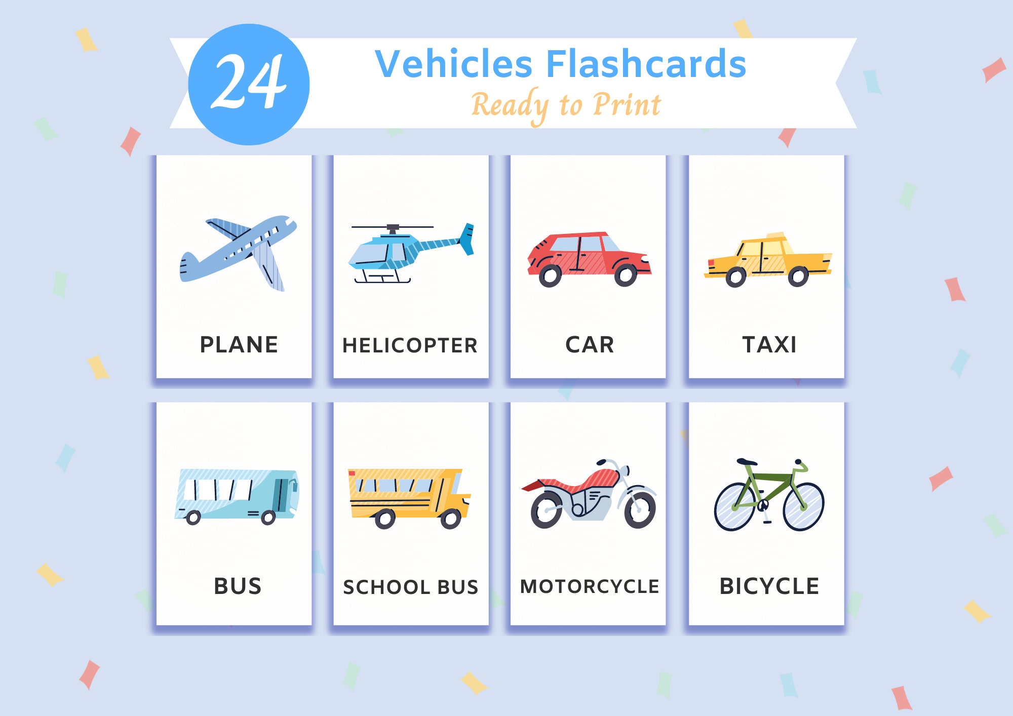 24 Vehicles Flashcards | Montessori Flashcards | Pre-school Cards ...