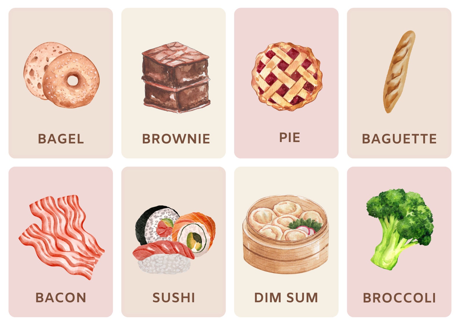 96 Watercolor Food and Snack Flashcards | Montessori Flashcards ...